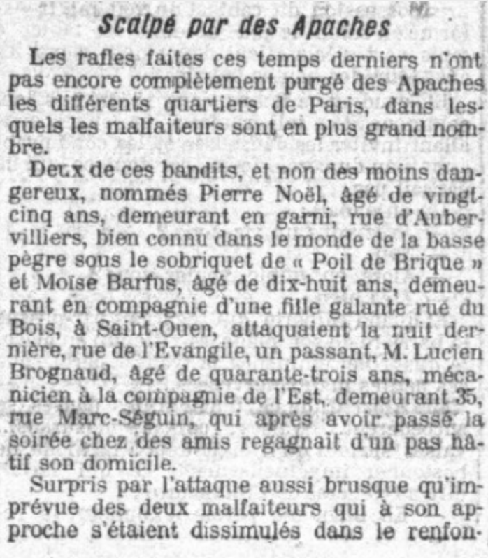 6 septembre 1902 - Scalpé par des Apaches – Gang de Paris